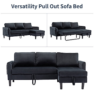 Hdxdkog L-Shaped Sectional Sofa with Pull-Out Bed 72" Sleeper Sofa Bed with Storage Chaise Lounge and Pocket, Upholstered Corner Couch for Living Room Home Office (Black)