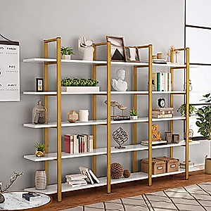 Tribesigns 5-Tier Bookshelf, Vintage Industrial Style Bookcase 70 ‘’ H x 12’’ W x 47’’L, Gold
