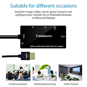 CableDeconn Multiport 4-in-1 HDMI to HDMI DVI 4K VGA Adapter Cable with Audio Output Adapter Converter (Black)