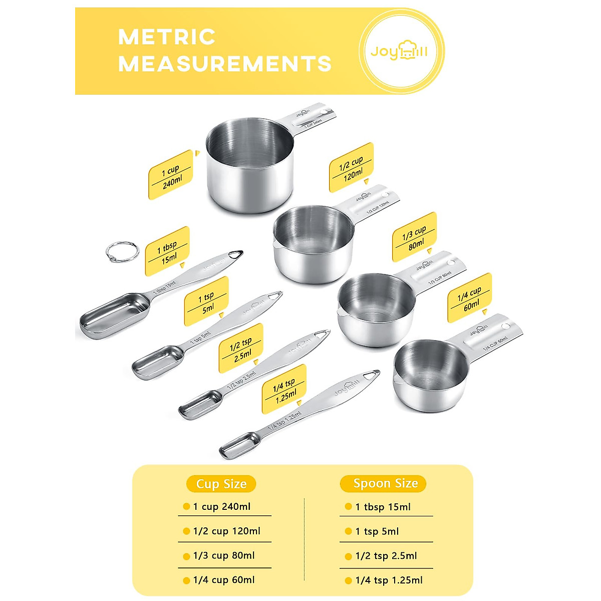 Joyhill Measuring Cups and Spoons Set of 8 Piece, Metal Stainless Steel Measuring Cups and Spoons Set for Baking Cooking, Dry and Liquid Ingredients