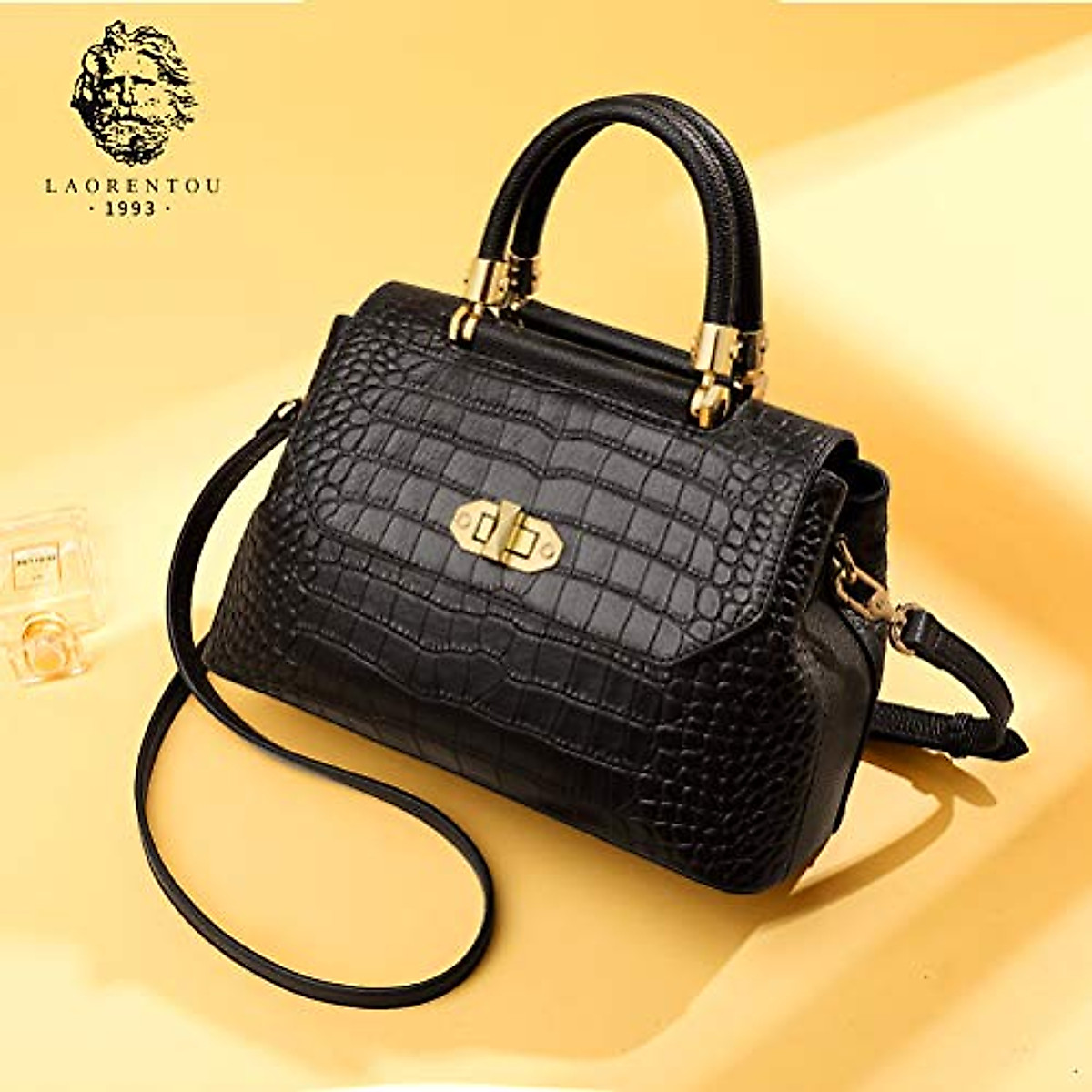 LAORENTOU Genuine Leather Handbags Purse for Women Small Top-handle Bags for Women, Ladies Satchel Shoulder Bags (Black)