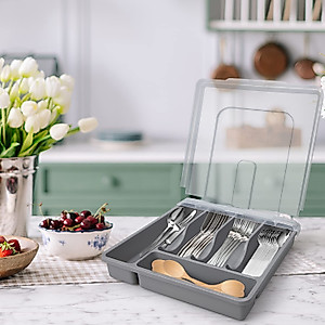 SUICGYU Silverware Organizer with Lid for Drawer, Plastic Utensil Holder for Countertop, Flatware Organizer Cutlery Tray with Cover 5 Compartments (Gray)