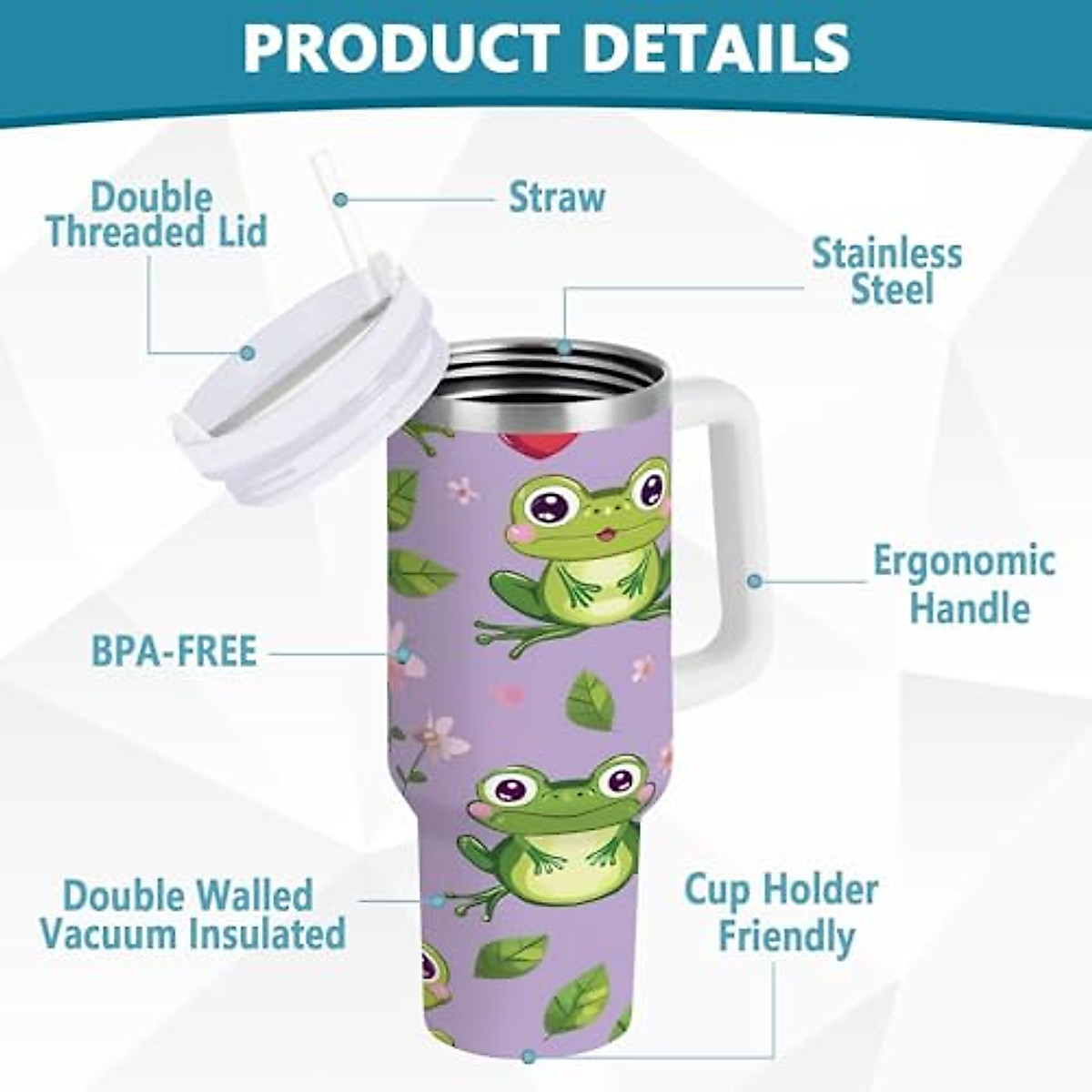 RPLIFE Cute Cartoon Frogs 40oz Tumbler with Handle, Stainless Steel Water Bottle with Straw, Coffee Tumbler for Women