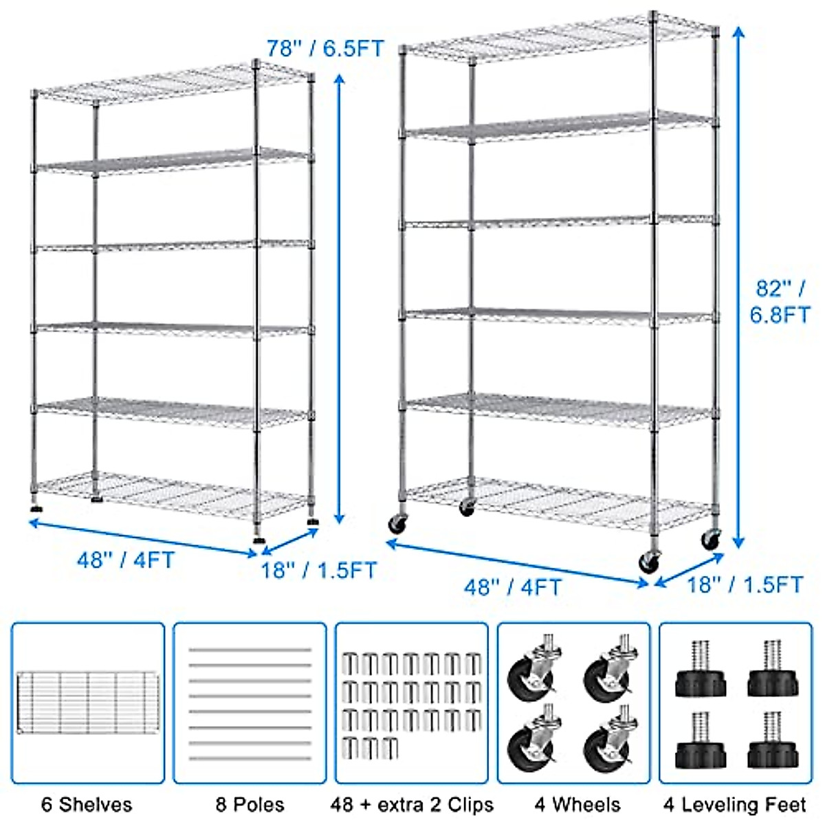 Wire Shelving Unit with Wheels, 6 Tier Adjustable Metal Shelving Heavy Duty Storage Shelves 2100 Lbs Capacity 48" L X 18" W X 82" H Metal Shelf for Pantry Kitchen Basement, Chrome