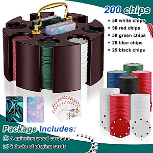 Wettarn Poker Chips Poker Set, 200 Count Rotating Poker Chip Case Wood Carousel Case Holder with 200 Pcs Chips and 2 Decks of Playing Cards for Casino Party Supplies Family Game Gambling Accessory