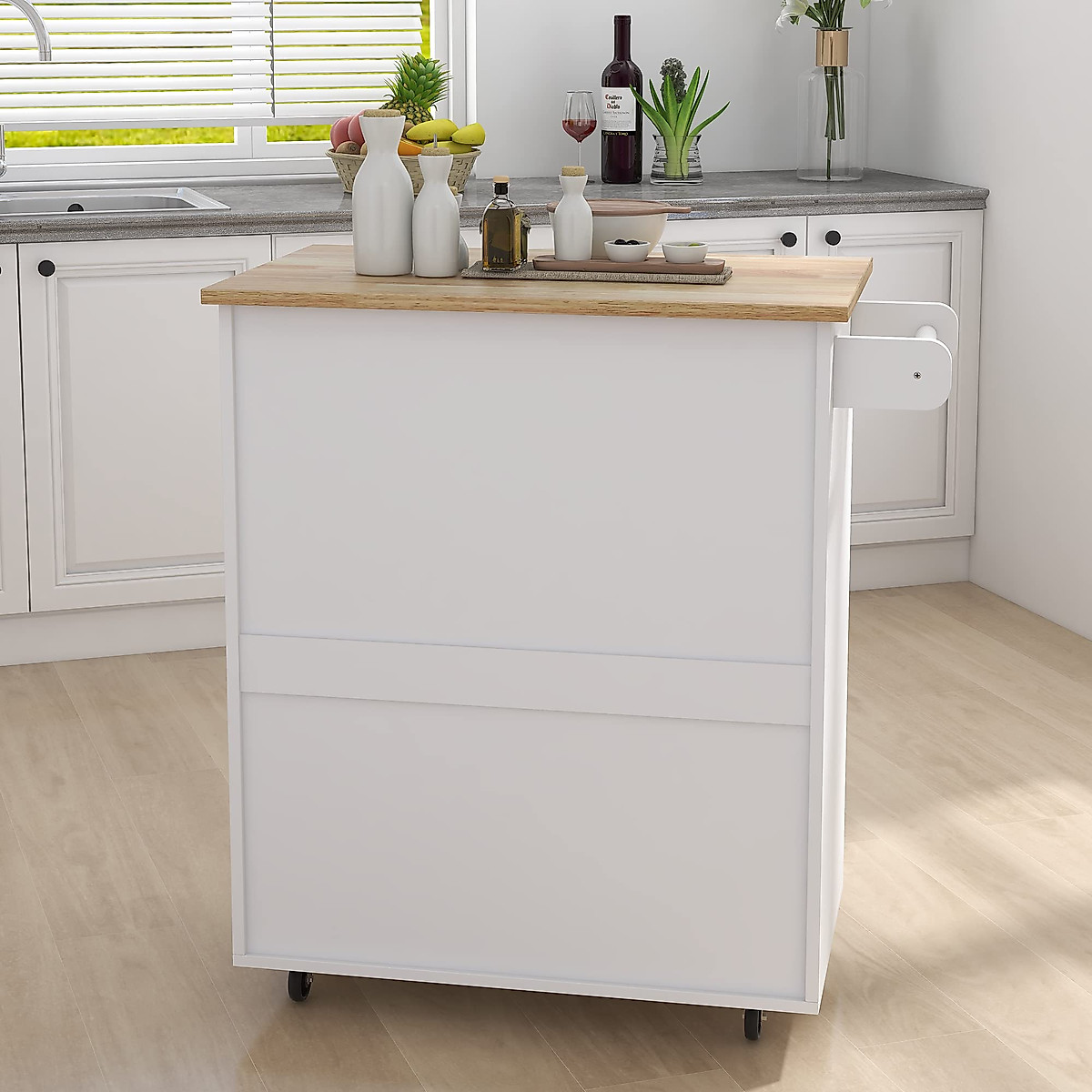 RASOO Kitchen Island on Wheels White Rolling Trolley Cart Island Cart Storage Cabinet with Rubber Solid Wood Countertop One Drawer and 2 Doors Towel Rack, 32.68"x17.72"x36.02"(LxWxH)