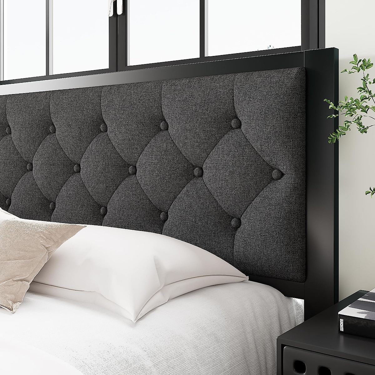 Einhomn Queen Bed Frame, Metal Platform Bed Frame with Button Tufted Linen Upholstered Headboard, Sturdy Steel Slats, 12" Underbed Storage, No Box Spring Needed, Grey