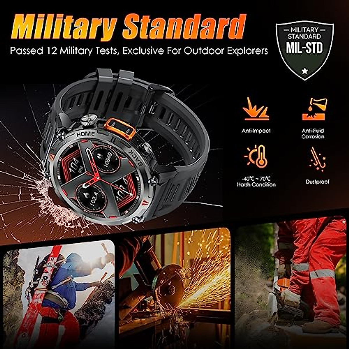 Military Smart Watch for Men Tactical Rugged Smart Watch with Bluetooth Call Flashlight 1.45" Big Screen Fitness Tracker Heart Rate Sleep Monitor Watch Waterproof Sports Smartwatch for iPhone Android