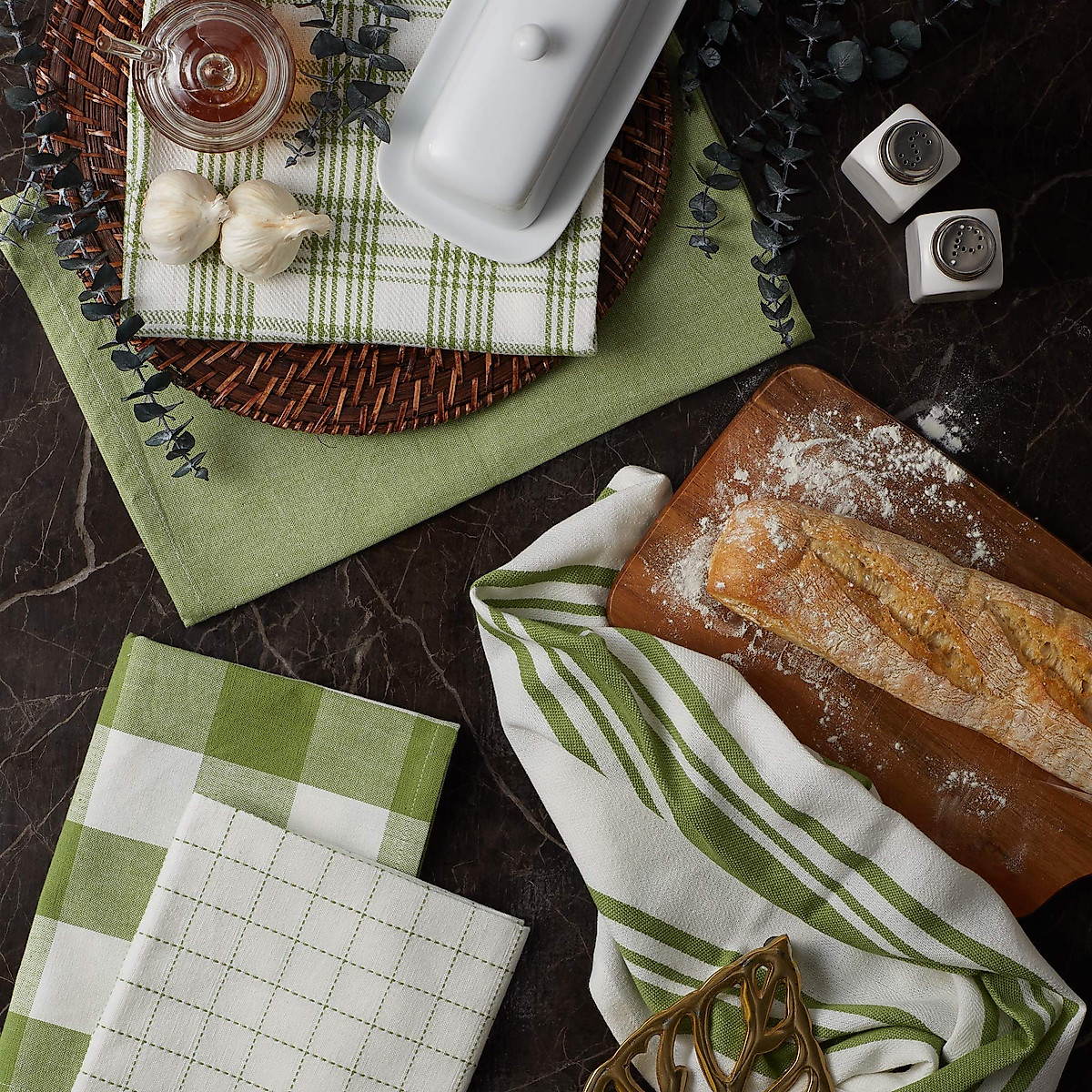 DII Everyday Basic Kitchen Collection Large Woven Cotton Dishtowel/Tea Towel Set, 18x28, Antique Green, 5 Count