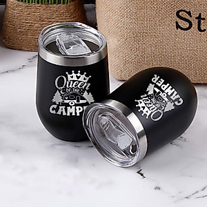 Joyloce Queen Of The Camper Wine Tumbler Coffee Mug Cup Wine Glass Stemless Tumblers With Lid Stainless Steel Insulated Vacuum RV Gifts For Women Camping Travel Outdoors 12 Oz
