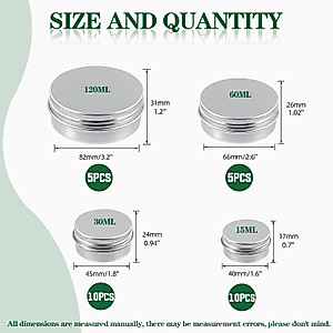 Keadic 30 Pack 1/2 Oz 1 Oz 2 Oz 4 Oz Aluminum Tins Jar with Lids Assortment Set, Silver Screw Top Lids Round Tin Cans Refillable Container Bottle Storage Tins for Candles Spices Lip Balm
