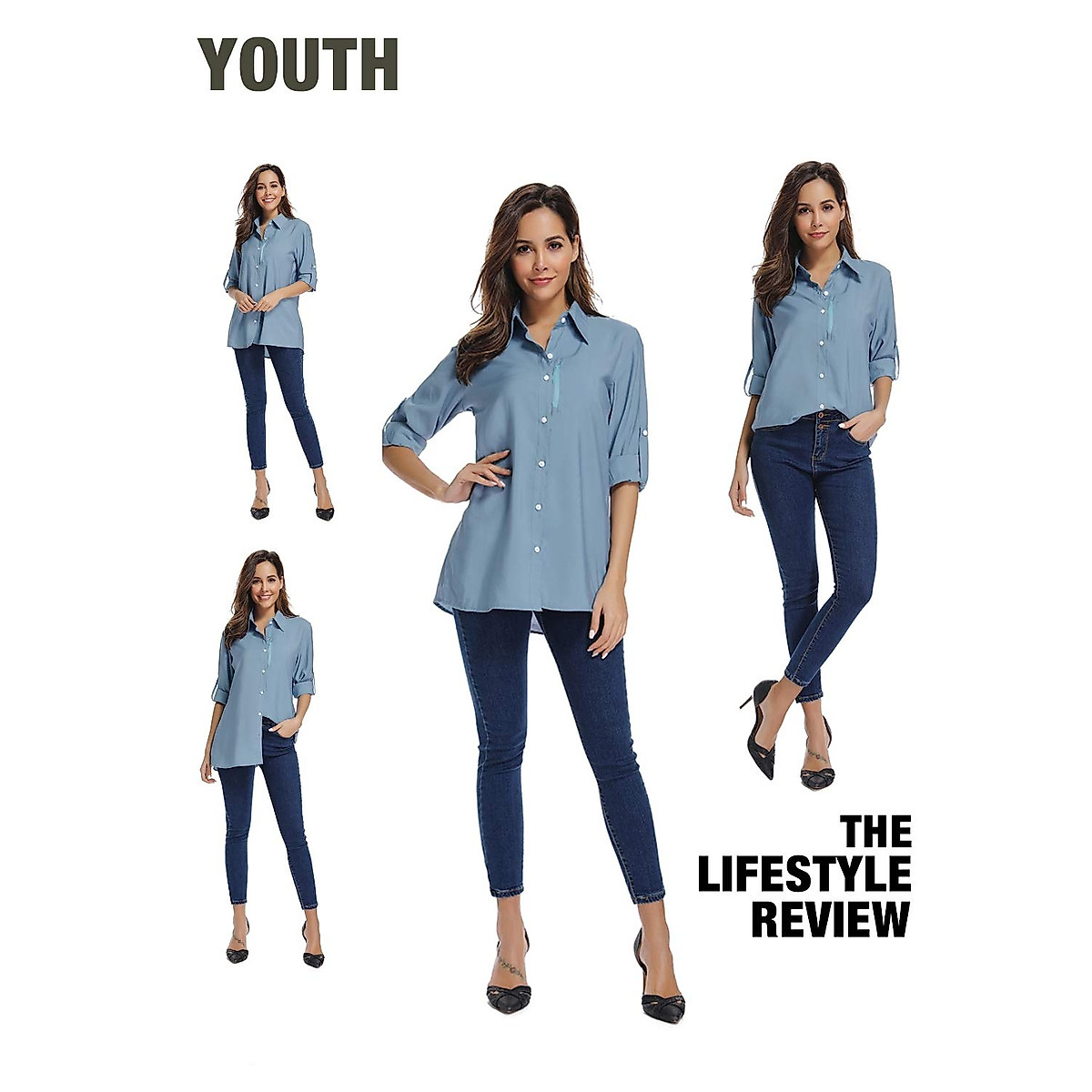 Women's UPF 50 Long Sleeve Sun Protection Shirts Quick Dry Outdoor Fishing Hiking Travel Shirt (5019 Blue, Medium)