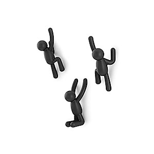 Umbra Buddy Wall Hooks – Decorative Wall Mounted Coat Hooks for Hanging Coats, Scarves, Bags, Purses, Backpacks, Towels and More, Set of 3, Black