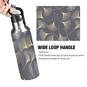 Ginkgo Leaves Leak Free Insulated Bottles with Handle 32 oz Vaccuum Bottle with Straw Lid Thermal Bottle for Hot & Cold Drinks BAP-Free