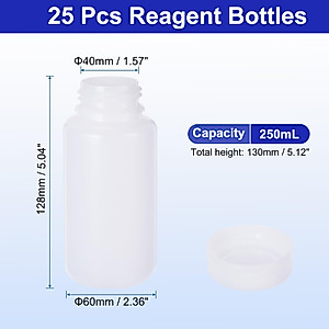 PATIKIL 25 Pcs 250ml Reagent Bottles, HDPE Wide Mouth Round Bottles with Screw Cap for Lab Water Reagent Liquids Solid Sample Storage Seal, Translucent White