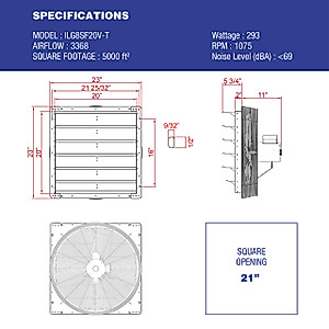 iLiving Wall Mounted Shutter Exhaust Thermostat Control-3 Speeds Vent Fan for Home Attic, Shed, or Garage Ventilation, 3368 CFM, 5000 SQF Coverage Area, 20" - Variable, Silver