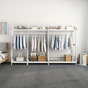 IOTXY Open Wood Garment Rack - White Solid Wood Freestanding Clothing Rack with Storage Shelves and Rod for Hanging Clothes, Large Wide Open Shelving Wardrobe and Closet Organizer for Bedroom, 39.4"W