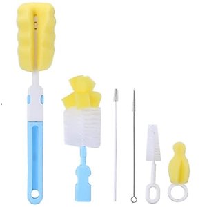 QIXIAN 6Pcs Baby Bottle Brush Nipple Brush Suit Set Flexible Rotating Sponge Head Cleaning Kit (Blue)