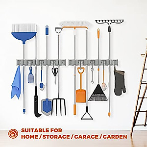 Nipoko Broom Holder Wall Mount, 2Pack Mop Broom Organizer Garden Tool Organizer- Kitchen, Closet, Garage & Laundry Room Storage, Grey