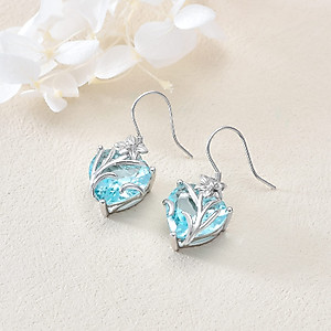 TOUPOP March Birth Flower Earrings 925 Sterling Silver Daffodils Floral Dangle Drop Hooks Earrings with Heart Aquamarine Birthstone Birthday Birth Moth Flower Jewelry Gifts for Women