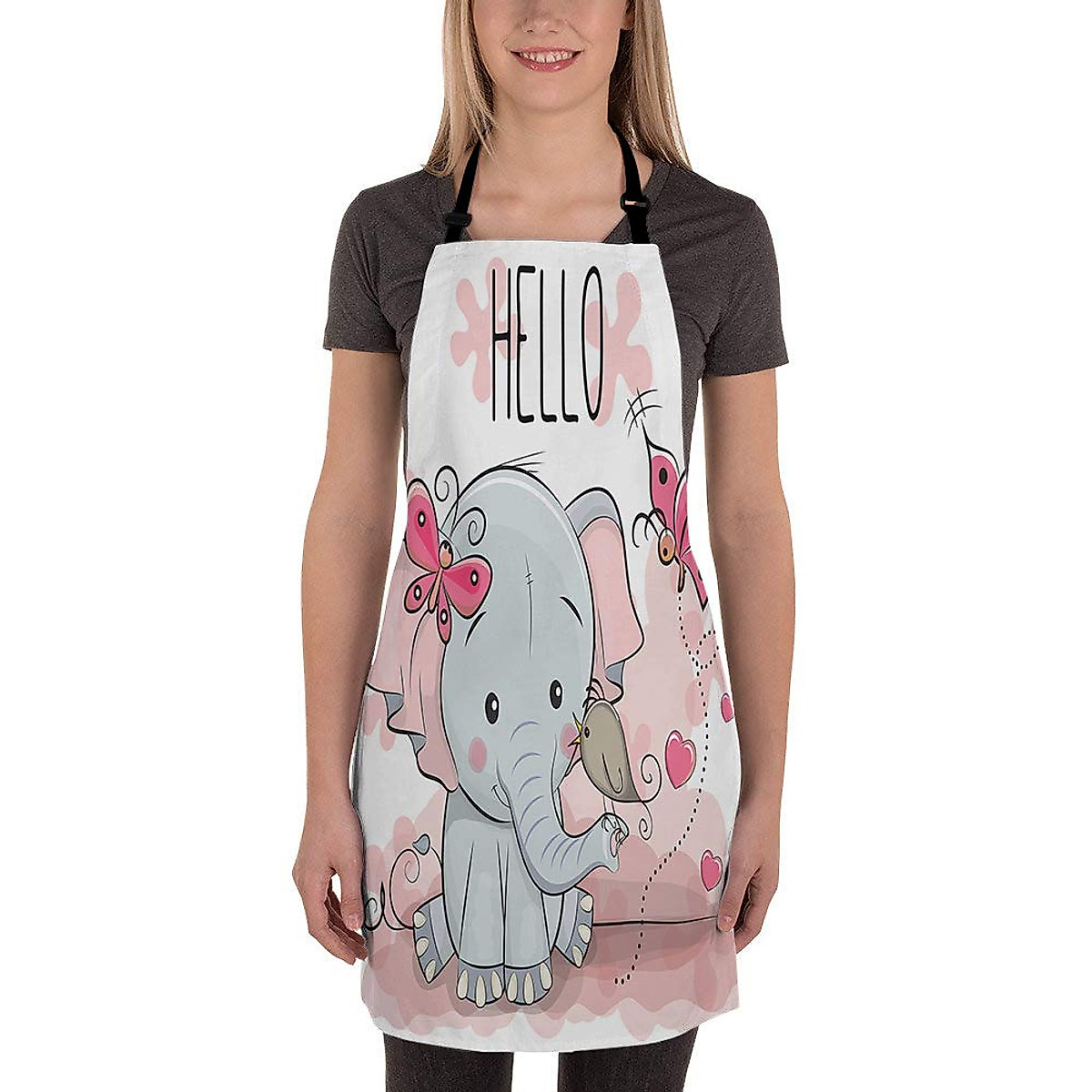 Moslion Elephant Apron 31x27 Inch Cute Animals Bird Butterfly Word Hello Flowers Kitchen Chef Waitress Cook Aprons Bib with Adjustable Neck for Women Men Girls Pink Grey