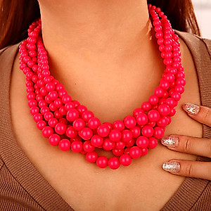 Wiwpar Simulated Pearl Cluster Chunky Pearl Bead Necklace Multi Strand Twisted Pink Pearl Statement Bib Collar Necklace Jewelry Pearl Necklace and Earring Set for Girls Prom (pink)