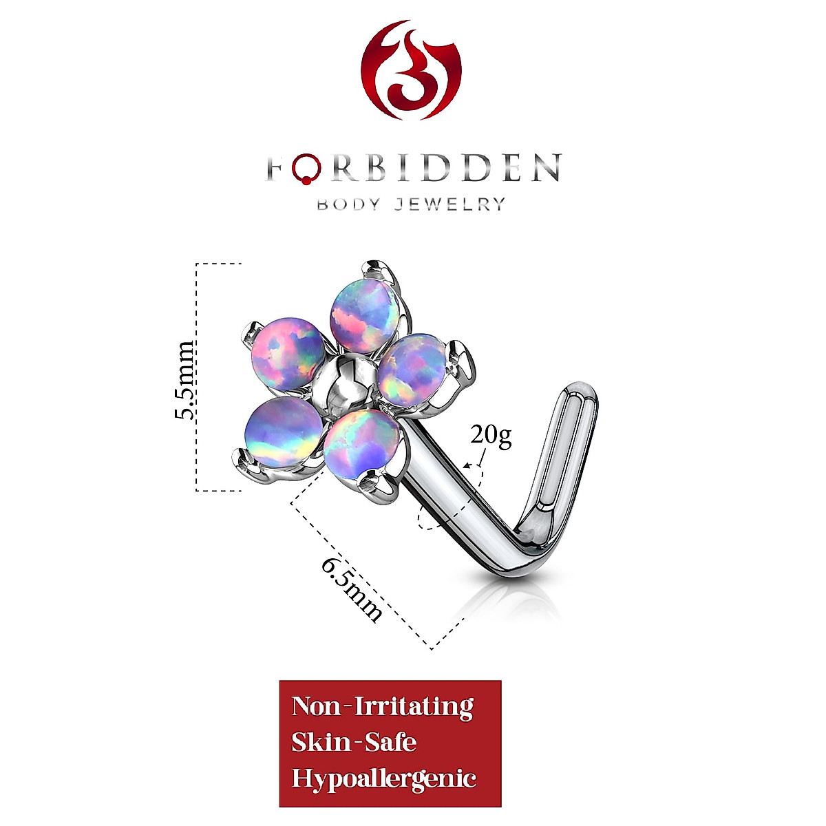 Forbidden Body Jewelry 20g Surgical Steel Synthetic Opalite Stone Flower L-Shape Nose Ring (Purple)