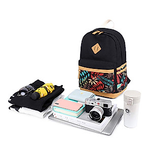 LuckyZ Women Casual Backpack Lightweight School Bookbag Canvas Leather Daykpack Cute Printng Travel Shoulder Rucksacck Leaf Black Medium