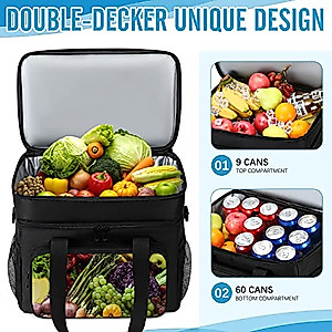 Cooler Bag 60-Can Soft Sided Coolers, Double Deck Insulated Camping Cooler, Leakproof Lunch Cooler, Collapsible Cooler Bag, Portable Large Lunch Bag for Beach, Travel, Camping, Picnic-Black