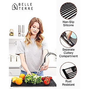 Large Dish Drying Rack for Kitchen Sink - Over Sink Dish Drying Rack to Dry Dishes & Drain Items - Modern & Stylish Dish Rack Set with Extra Side Tray - Space-Saving Roll-Up Counter Drainboard - Black