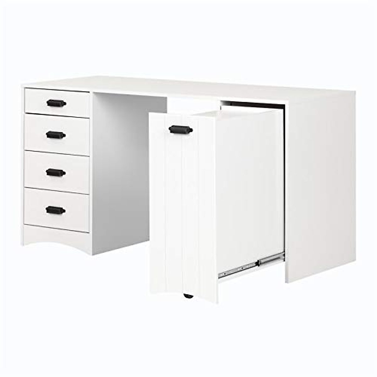 BOWERY HILL Multi-purpose Crafting Table with 4 Drawers and Large Sliding Hidden Storage Shelf, Modern Sewing Table with Scratch Proof Table Top, White