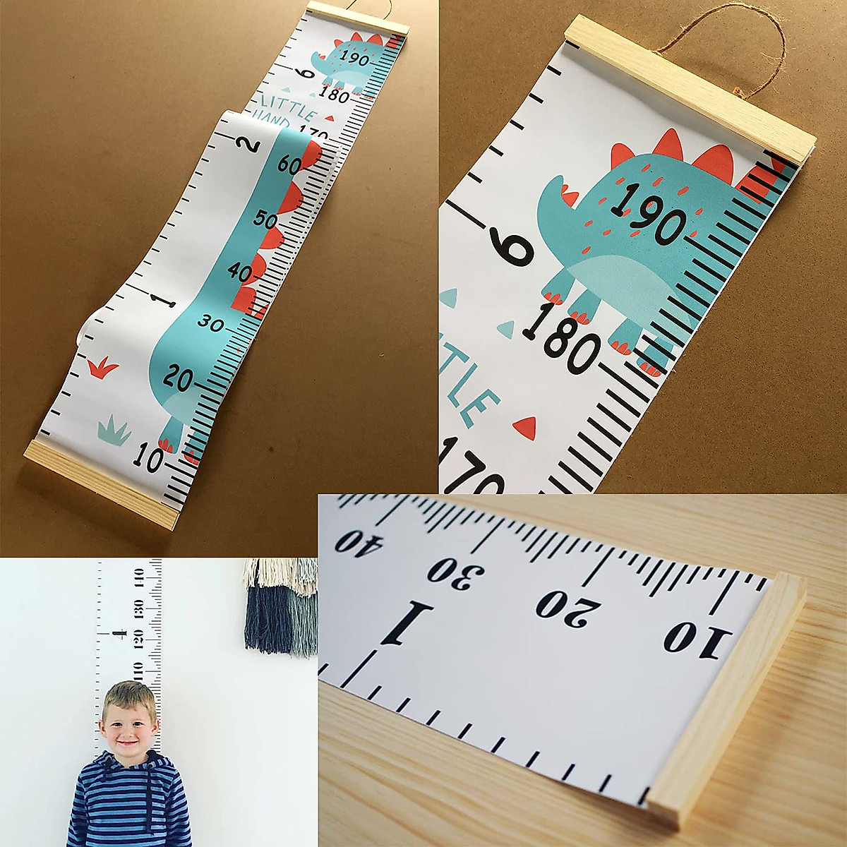 2 Pack Kids Baby Hanging Growth Chart,Hanging Ruler Wall Decor Ruler,Wood Frame Fabric Canvas Removable Height Measurement Ruler for Kids,Toddlers and Babies(Dinoaurs and Basic Styles)