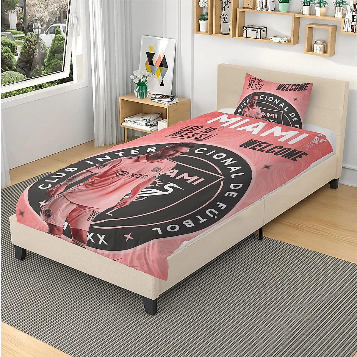 BBOSCH Miami Bedding Set Soccer Duvet Cover Set Pink Bed Football Comforter Soft Microfiber Soccer Bedding Sets 3 Pieces Fruit Comforter Cover and 2 Pillowcase for Bedroom (Twin, Pink 1)