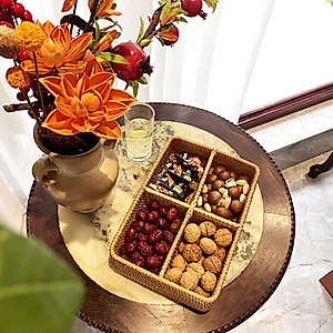 i-lan 4 Compartments Rectangular Rattan Basket, 12 Inch Divided Basket Tray with 3” Deep Wall, Decorative Flat Wicker Serving Basket for Fruit, Snacks, Catch All Dish, Brown