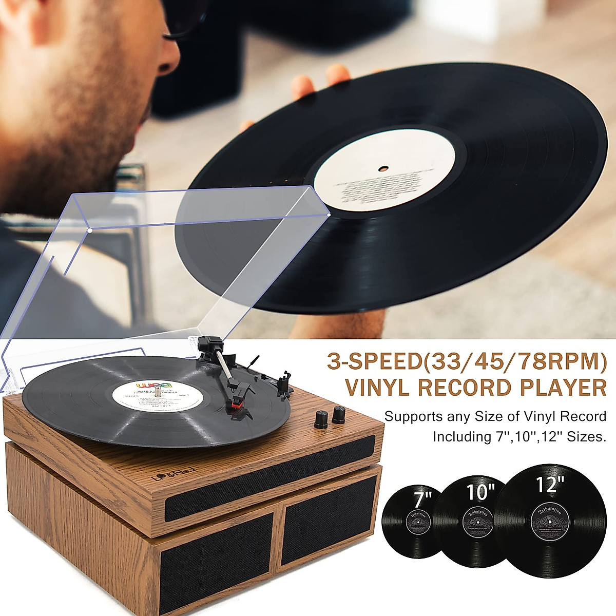 LP&No.1 Record Player, Wireless Turntable with Stereo Bookshelf Speakers,Vinyl Record Player,Support Wireless,Auto-Stop.(Yellow Wood)