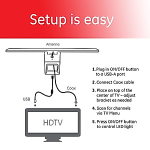 GE Enlighten HD Hover Antenna with Bias Lighting, Long Range, Mounts Directly on TV, Passive, 53592