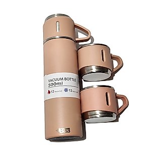 BT53 Stainless Steel 500 ML Vacuum Flask/Bottle/Thermos for Hot and Cold Drinks with Three Cups (Pink)