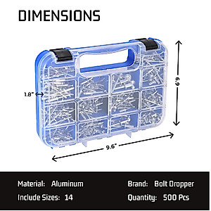 Bolt Dropper 500pc Blind Rivet Assortment Set | All Aluminum Material | Silver Finish | Durable Metal Joining Solution for Projects | Easy-to-Use Blind Rivets | Organized Storage Case with 14 Grids