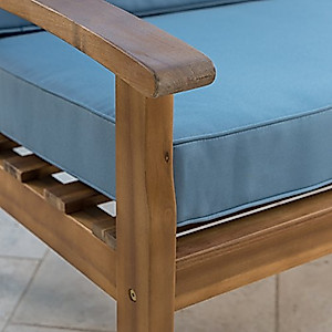 Christopher Knight Home Peyton Outdoor Acacia Wood Loveseat and Coffee Table Set with Water Resistant Cushions, Teak Finish / Blue