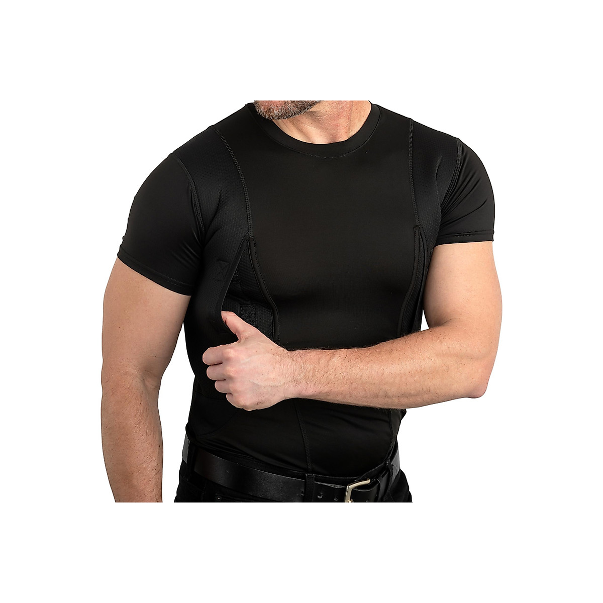 CCW Tactical Concealed Carry Holster Shirt | Secure Hook & Loop Pocket with Large Storage | All Season Moisture Wicking Compression Shirt | Mens Crew, Black S