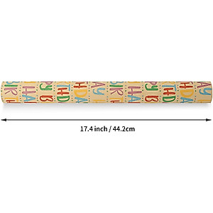 CAMKUZON Kraft Birthday Wrapping Paper Roll with Cutlines - Colorful Happy Birthday Text and Star Design - Gift Wrap Paper for Birthday Celebration Baby Shower, 17.4 Inch
