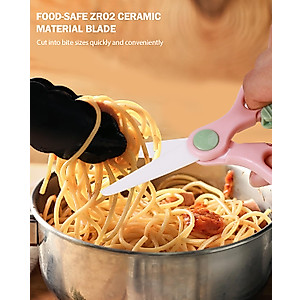 Baby Food Scissors Kicthen Shears -2Pack Portable Healthy Cute Kids Ceramic Scissors with Safety Lock and Storage Travel Case - Ideal for Cutting Meat, Chicken, Vegetables, and Fruits (Pink+Green)