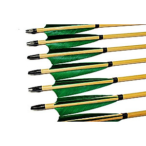 TTFLY FLETCHING 12PK 32 inch Traditional Wooden Arrows Handmade Shaft Green Shield Turkey Feather Practice Archery for Recurve Longbow Hunting Arrows
