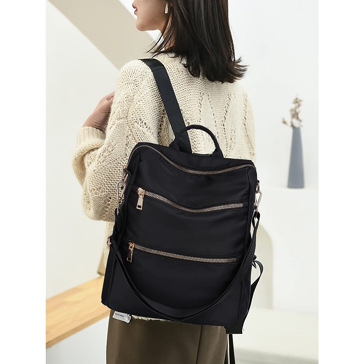 UTO Camo Waterproof Backpack for Women Durable Nylon Multipurpose Roomy Multi pockets Travel Business Shoulder Bag Black