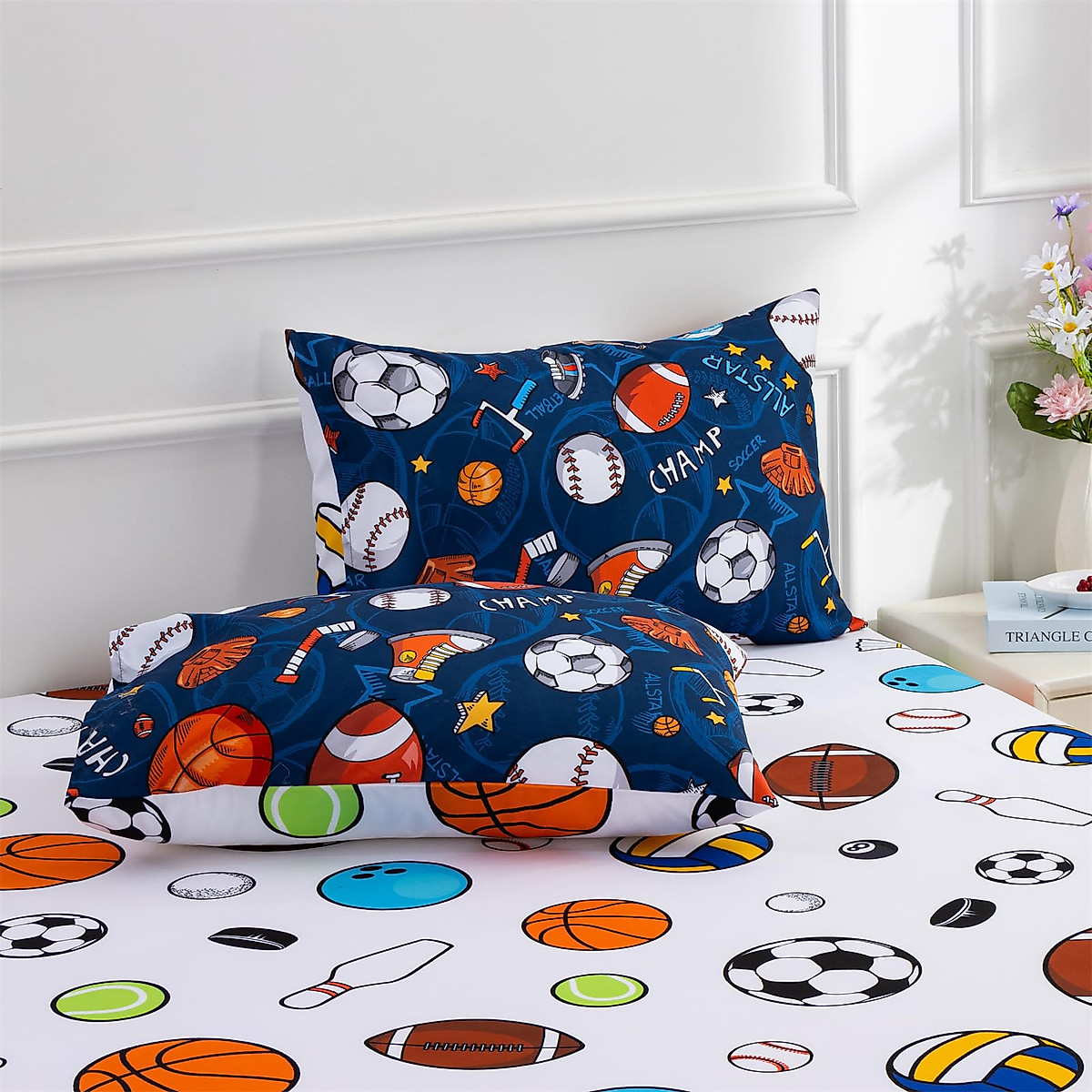 A Nice Night 6Pcs Bed in A Bag Full Sports Microfiber Modern Comforter Set,Navy Rugby Ball Printed Bedding Collections,for Boys Kids Teen