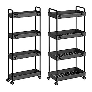 2 Pack 4 Tier Slim Storage Cart, Bathroom Organizer Laundry Room Organization Mobile Shelving Unit Slide Out Utility Rolling Rack with Wheels for Kitchen Garage Office Small Apartment Narrow Space