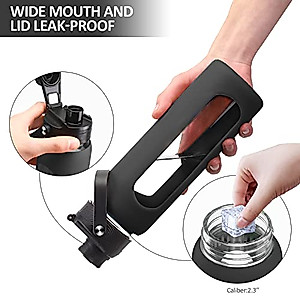 Kodrine Glass Water Bottles with Straw, 32 oz Water Bottle with 2 Lids - Handle Spout Lid & Bamboo Straw Lid, Motivational Water Bottle with Silicone Sleeve, Wide Mouth, Leakproof, BPA Free(Black)