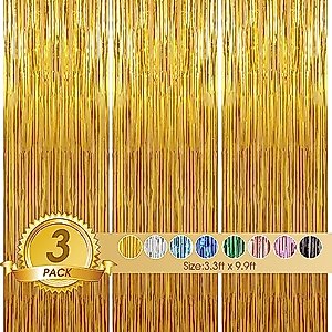 Birthday Party Decorations| 3 Pack 3.3 x 9.9 ft Gold Foil Fringe Curtains Party Supplies|Tinsel Curtain Backdrop for Parties, Glitter Streamers Backdrop for Birthday/Photo Booth Backdrops/Party Decor