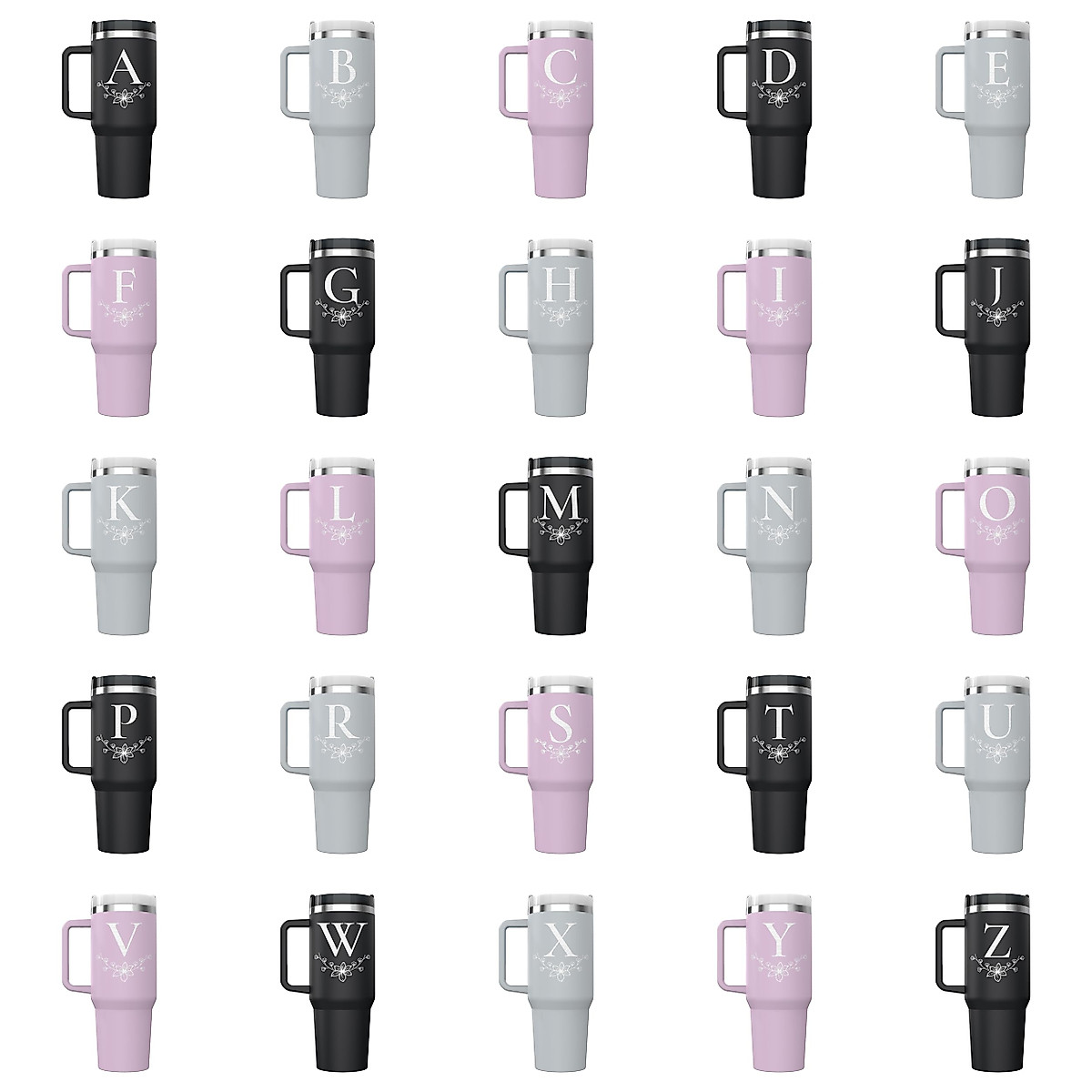 Custom Personalized Floral Flower Monogam Initial Letter A-Z Engraved Insulated Stainless Steel Tumbler with Handle, Lid, and Straw 40 oz. Monogrammed Gift for Her