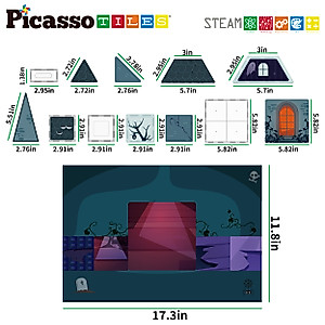 PicassoTiles Haunted House Theme Magnet Tile Building Blocks 8 Action Figures Magnetic Construction Toy Double Sided Printing Education STEM Learning Playset Halloween Adventure Kid Ages 3+ PTQ03